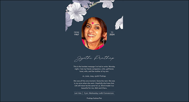 Prathap Suthan’s wife Jyothi Prathap no more